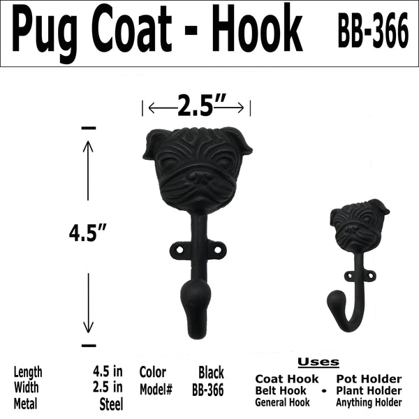 3.5" - Wrought Iron Pug Dog - Coat Hook - BB-366 - AntiqueHardwareDepot.com